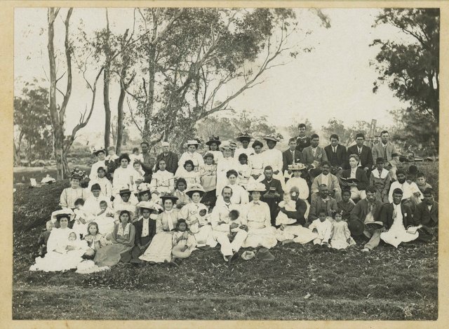 Group of Aboriginal men, women and children at Singleton, 1909. SLNSW ...