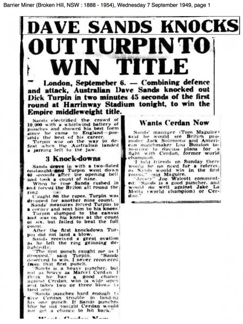 Dave Sands wins World Boxing Title. Barrier Miner, 1949, p1. | A ...