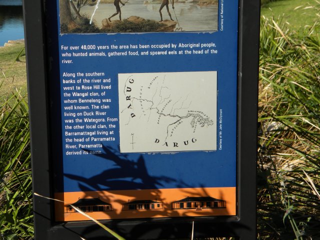 Tourist sign introducing Darug country, near Parramatta public wharf ...